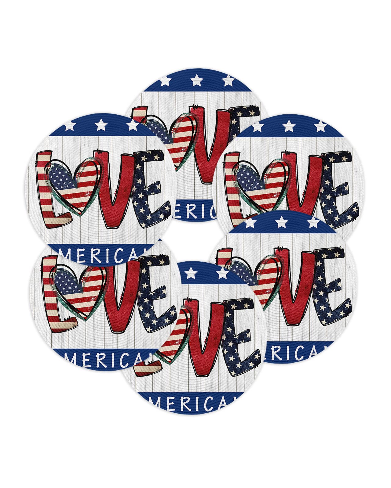 Round Placemats for Dining Table Set of 6 American Flag Patriotic Stars July 4th Place Mats Circle Woven Placemat Love American Wooden Patriotic Braided Table Mat for Kitchen Dinner Party 13 Inch