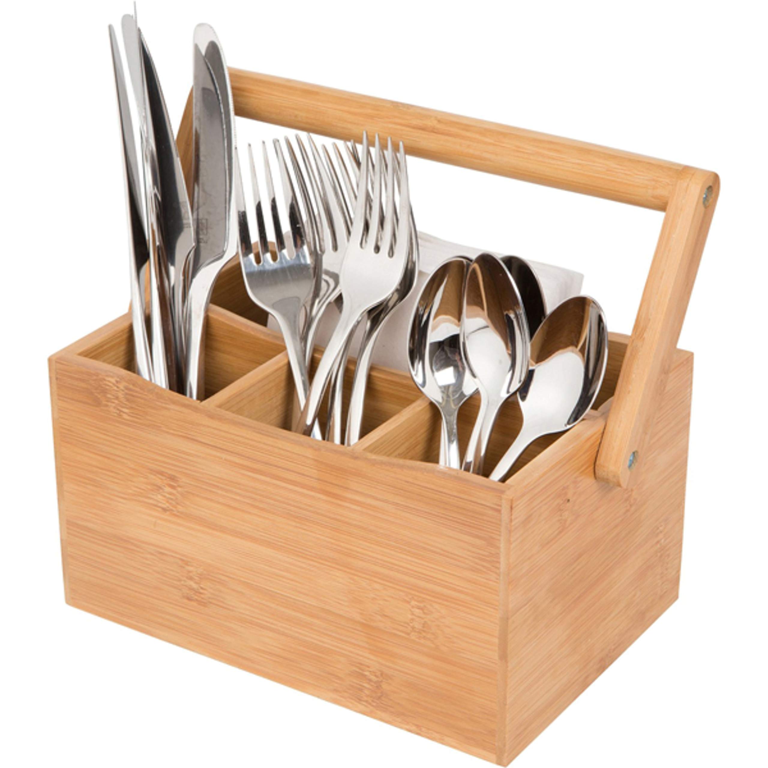 Cortesi Home Kira Natural Bamboo Cutlery Caddy Tabletop Holder with Handle and 4 Compartments, Brown