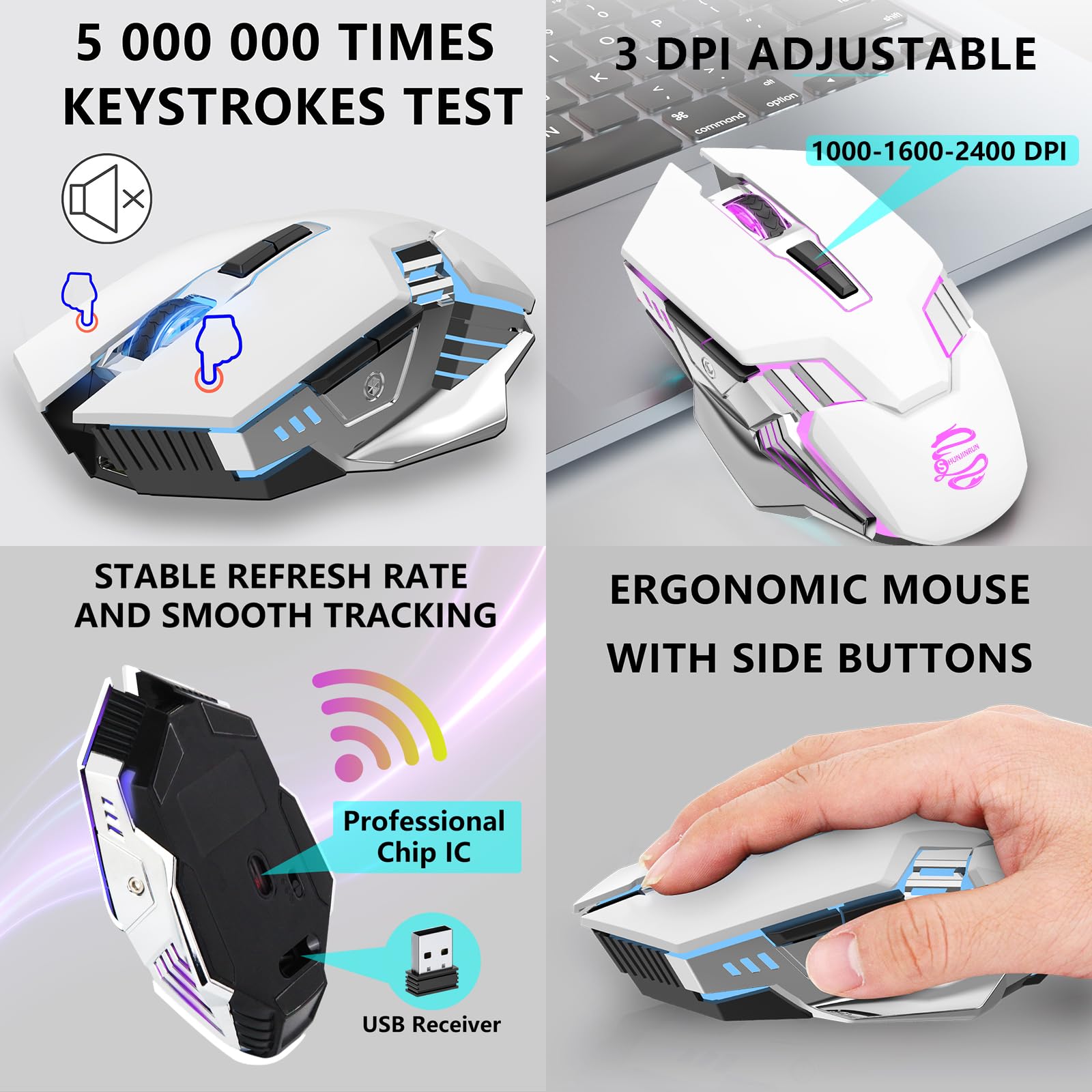 White Wireless Gaming Mouse Bluetooth Mouse with 3-Modes(BT5.0+BT3.0+2.4GHz), Rechargeable, RGB Backlit, Silent Click Computer Mouse for Laptop, PC, Macbook, iPad, Tablet, Chromebook, Games, Office