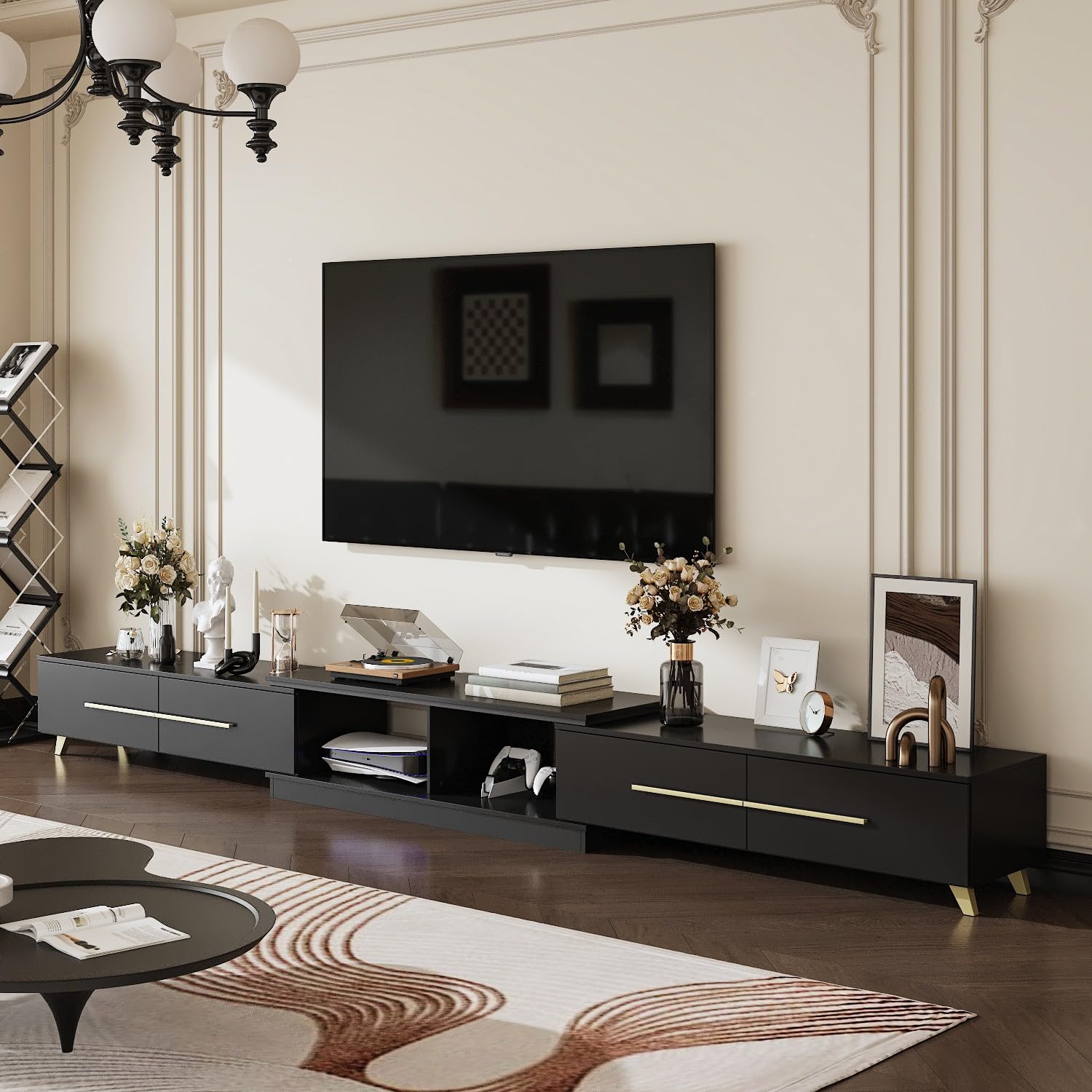 FAMAPY Modern TV Console Extendable Media Console, Adjustable Length, Contemporary Entertainment Center with Drawers and Legs, for Living Room Black and Gold (95”-133.9”W x 15.2”D x 13.1”H)