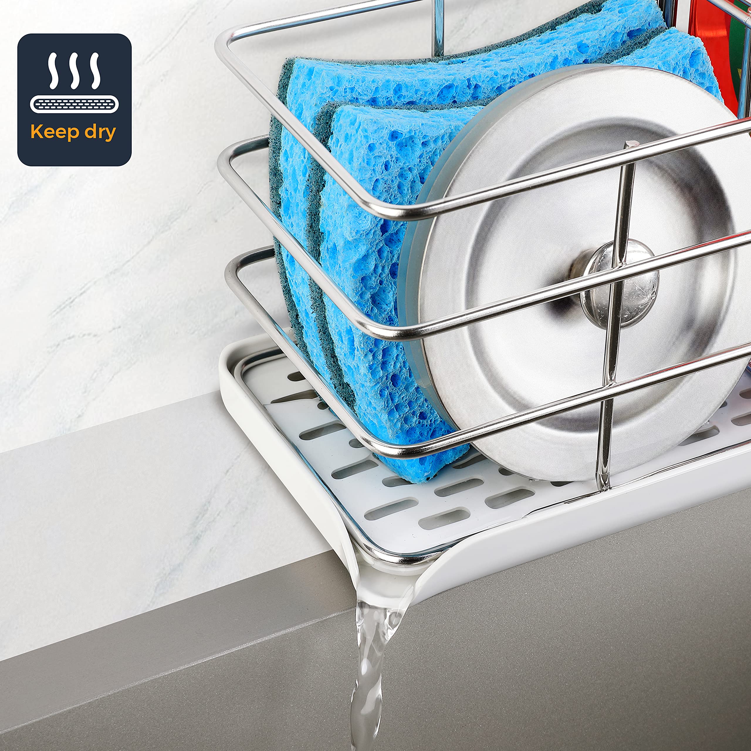 Damita Sponge Holder for Kitchen Sink, Stainless Steel Sink Caddy Organizer Rack, Brush Dish Soap Dispenser Bar Accessories Tray Drainer, with Drain Pan for Bathroom Countertop Storage