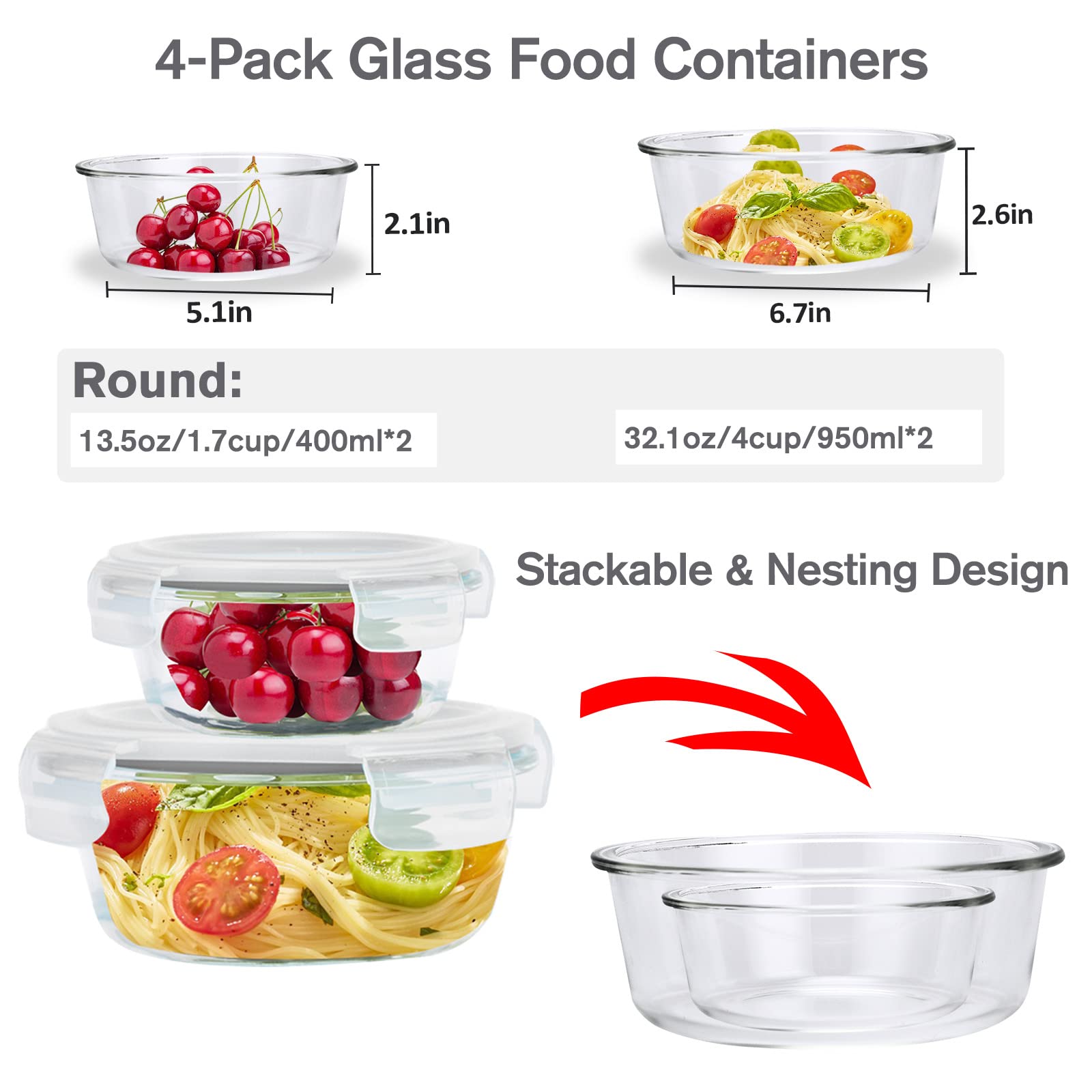 salato Glass Storage Containers with Lids 8 Piece, 100% Leak Proof & BPA Free Glass Containers with Lids, 4 Set Nesting Round Glass Food Storage Containers Safe for Freezer/Oven/Microwave, Grey