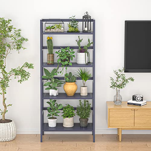 Homykic Ladder Bookshelf, 4-Tier Bamboo Shelf 49.2β Open Bookcase Freestanding Bathroom Storage Rack Plant Stand for Living Room, Bedroom, Office, Easy Assembly, Blue Grey