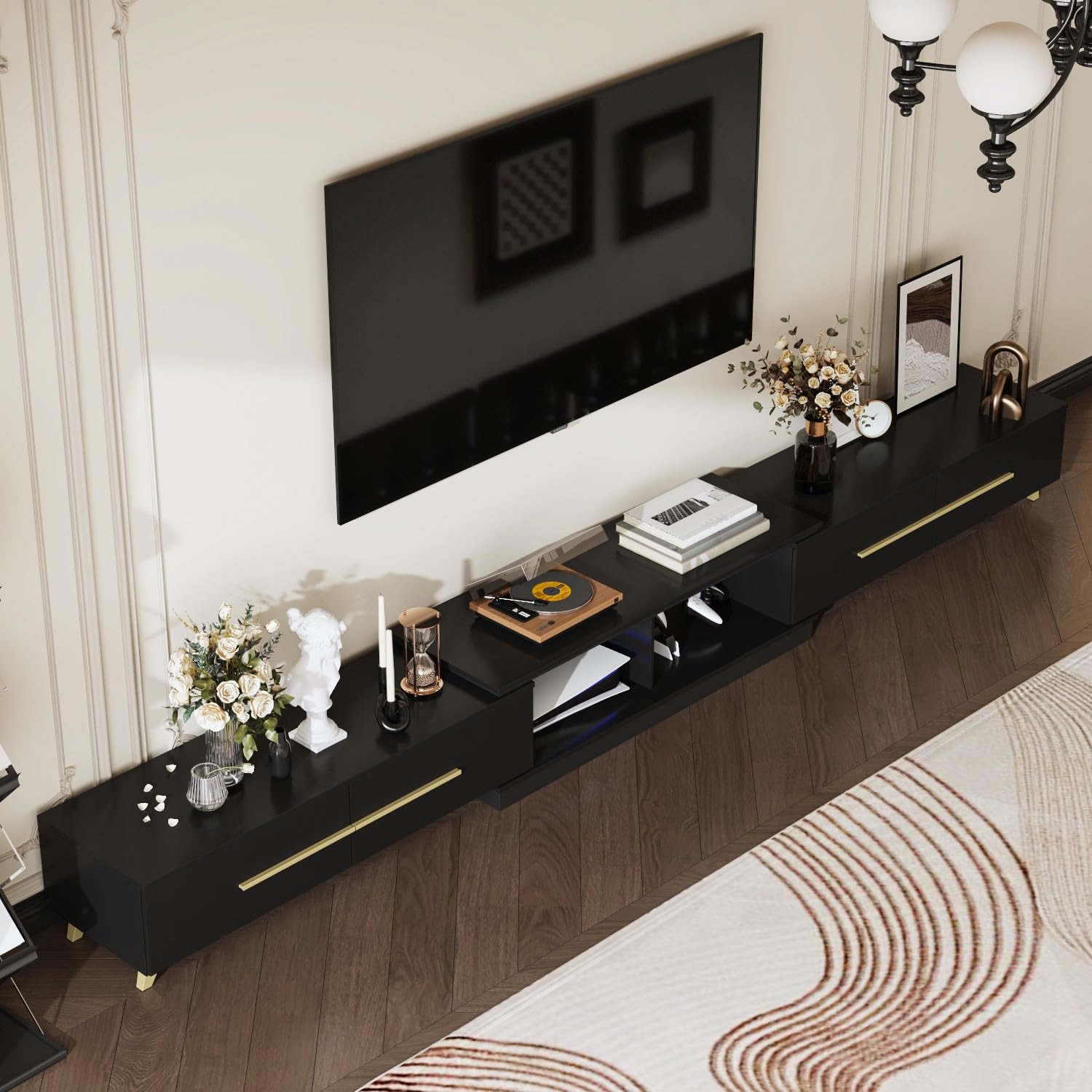 FAMAPY Modern TV Console Extendable Media Console, Adjustable Length, Contemporary Entertainment Center with Drawers and Legs, for Living Room Black and Gold (95”-133.9”W x 15.2”D x 13.1”H)