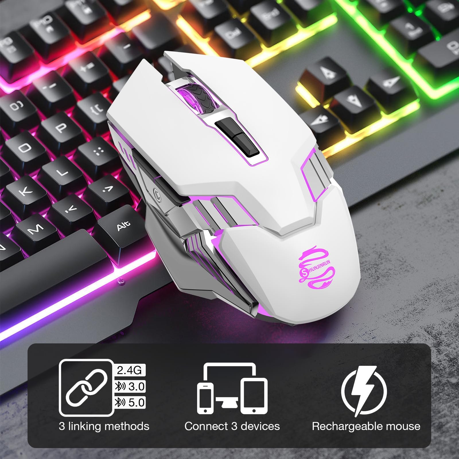 White Wireless Gaming Mouse Bluetooth Mouse with 3-Modes(BT5.0+BT3.0+2.4GHz), Rechargeable, RGB Backlit, Silent Click Computer Mouse for Laptop, PC, Macbook, iPad, Tablet, Chromebook, Games, Office