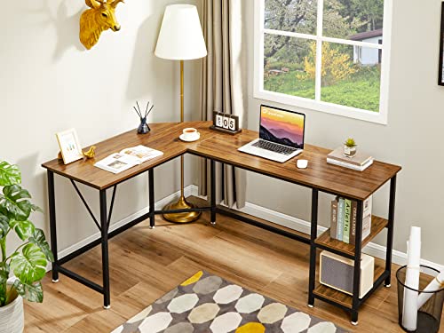 GreenForest L Shaped Computer Desk with Storage Shelves, 66 inch Modern Large Corner Gaming Desk for Home Office PC Workstation Space Saving Space, Walnut