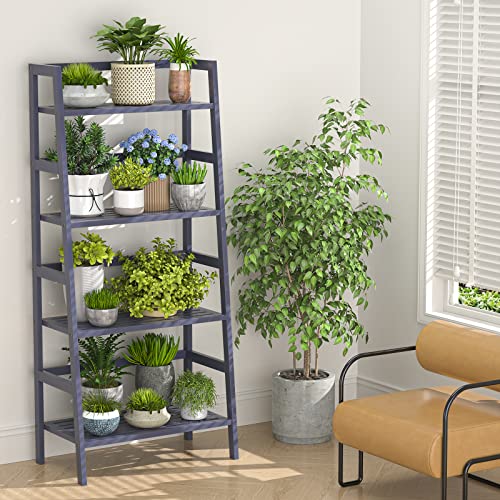 Homykic Ladder Bookshelf, 4-Tier Bamboo Shelf 49.2β Open Bookcase Freestanding Bathroom Storage Rack Plant Stand for Living Room, Bedroom, Office, Easy Assembly, Blue Grey