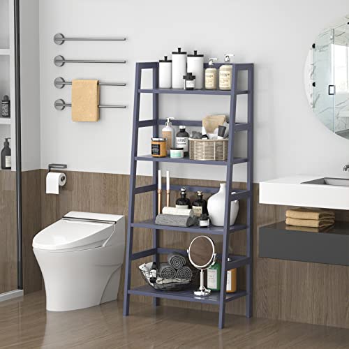 Homykic Ladder Bookshelf, 4-Tier Bamboo Shelf 49.2β Open Bookcase Freestanding Bathroom Storage Rack Plant Stand for Living Room, Bedroom, Office, Easy Assembly, Blue Grey