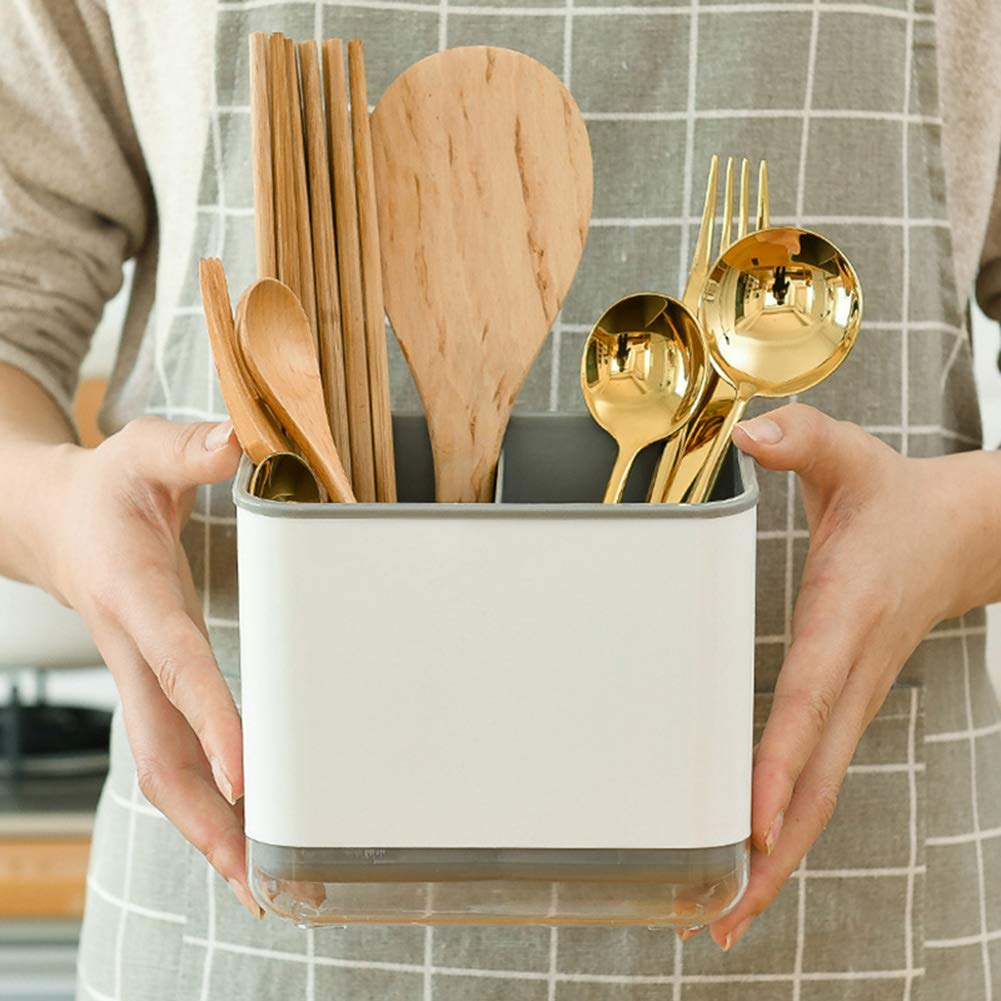 AKOAK 1 Pack Chopstick Holder - Cutlery Storage Box, Sink Cutlery/Spoon/Knife/Fork 3 Compartment with Drain Pipe Ideal Kitchen Organizer