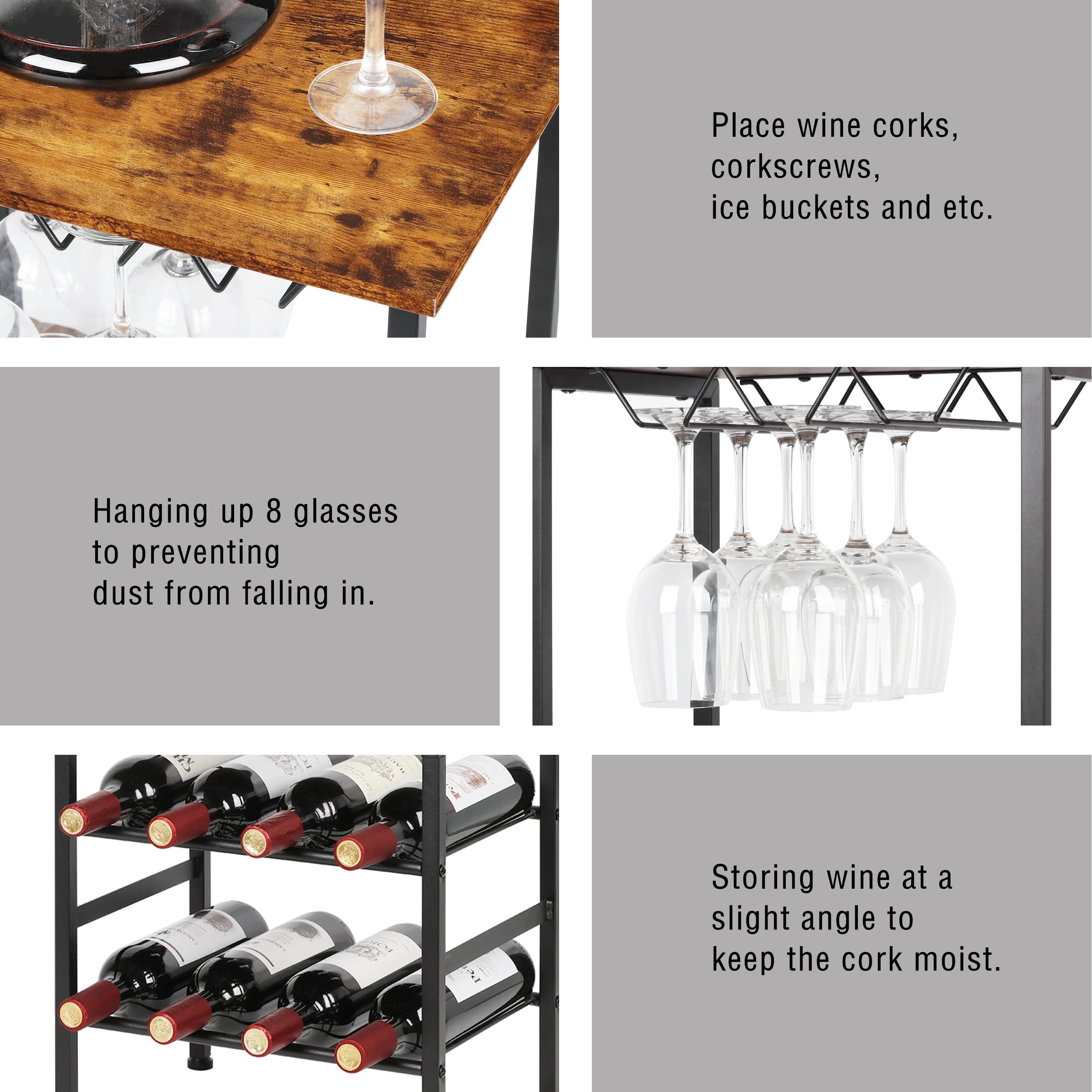 YBING Wine Rack Freestanding Floor Wine Bar Rack with Glass Holder and Tabletop 8 Bottle Wood Wine Tables with Racks 4 Tier Wine Bottle Organizer Display Storage Stand , Rustic Brown