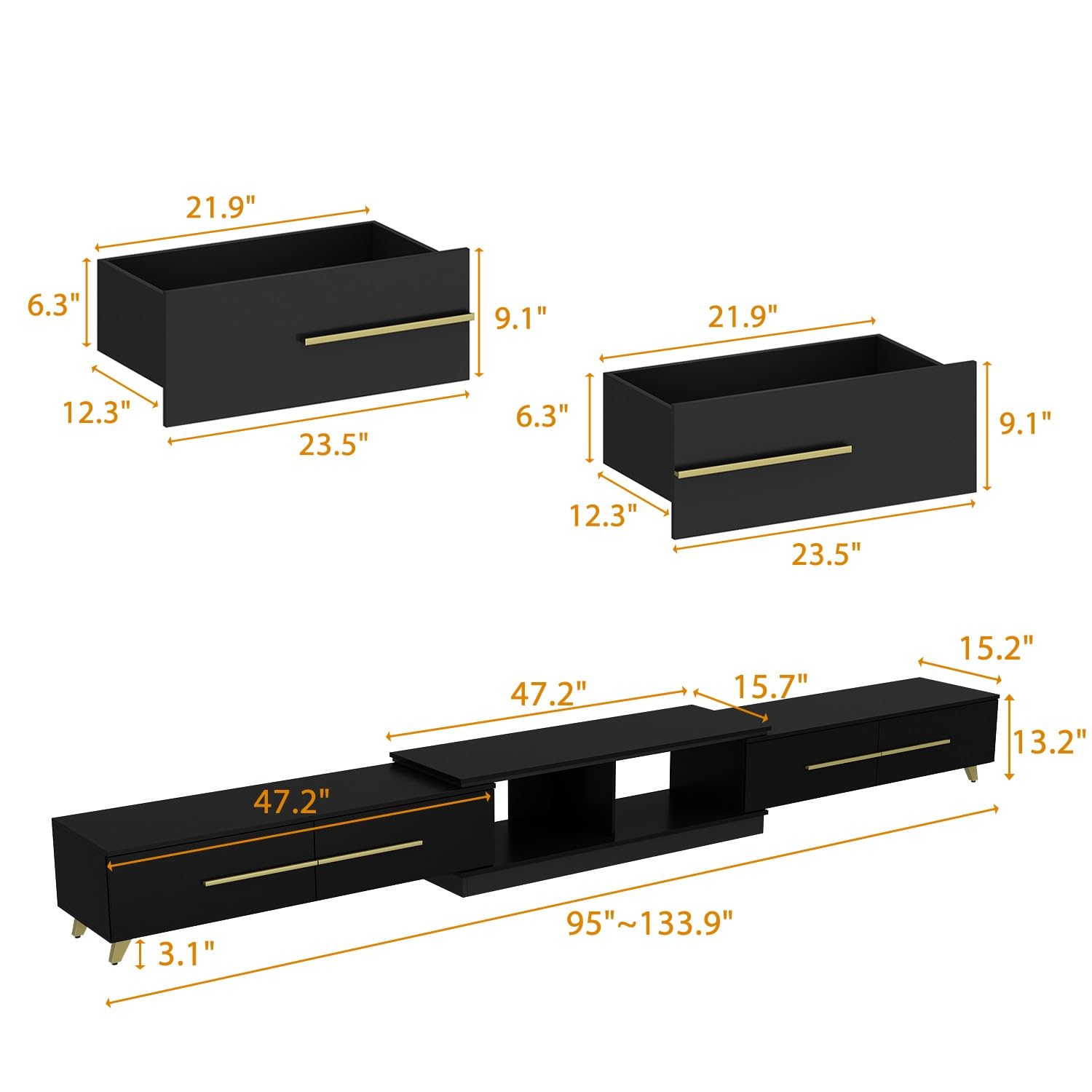FAMAPY Modern TV Console Extendable Media Console, Adjustable Length, Contemporary Entertainment Center with Drawers and Legs, for Living Room Black and Gold (95”-133.9”W x 15.2”D x 13.1”H)