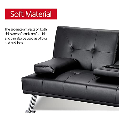 Yaheetech Convertible Sofa Bed Adjustable Couch Sleeper Modern Faux Leather Home Recliner Reversible Loveseat Folding Daybed Guest Bed, Removable Armrests,Cup Holders, 3 Angles, 772lb Capacity, Black