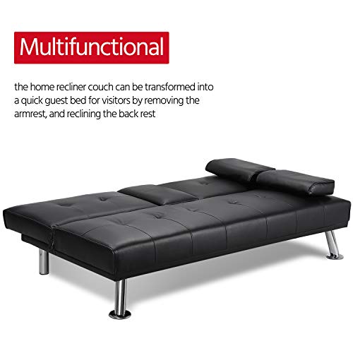 Yaheetech Convertible Sofa Bed Adjustable Couch Sleeper Modern Faux Leather Home Recliner Reversible Loveseat Folding Daybed Guest Bed, Removable Armrests,Cup Holders, 3 Angles, 772lb Capacity, Black