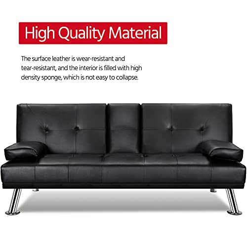 Yaheetech Convertible Sofa Bed Adjustable Couch Sleeper Modern Faux Leather Home Recliner Reversible Loveseat Folding Daybed Guest Bed, Removable Armrests,Cup Holders, 3 Angles, 772lb Capacity, Black