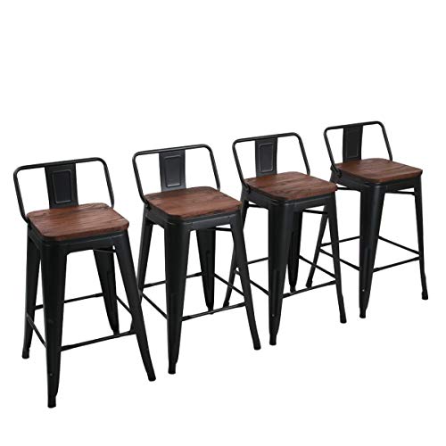 Yongchuang 24" Metal Barstools Set of 4 Counter Bar Stools with Wood Top Low Back Matte Black