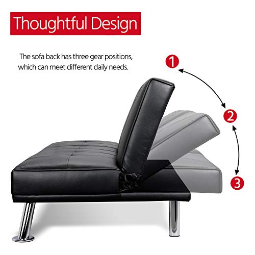 Yaheetech Convertible Sofa Bed Adjustable Couch Sleeper Modern Faux Leather Home Recliner Reversible Loveseat Folding Daybed Guest Bed, Removable Armrests,Cup Holders, 3 Angles, 772lb Capacity, Black