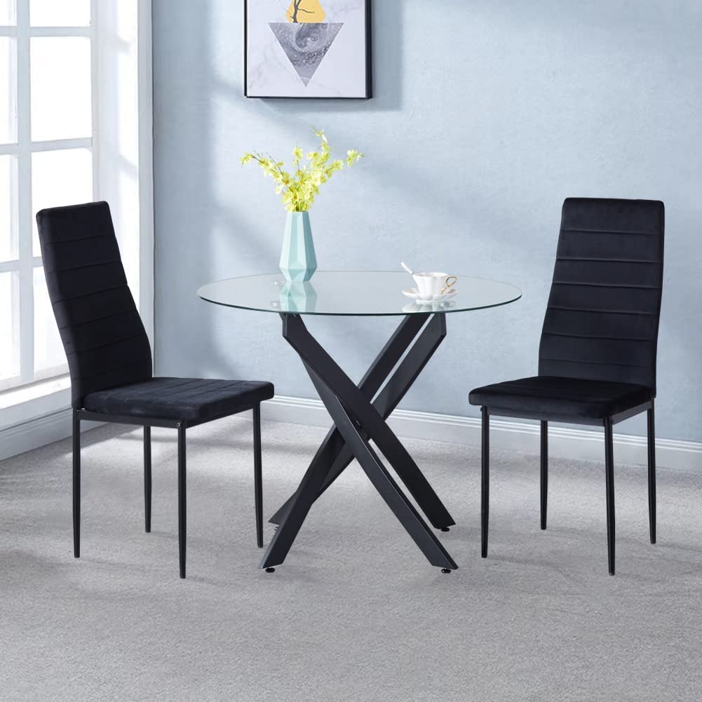 NIERN Round Tempered Glass Dining Table for 2-4 with Metal Legs, 35.5 in Modern Small Kitchen Table for Kitchen Dining Room (Black)