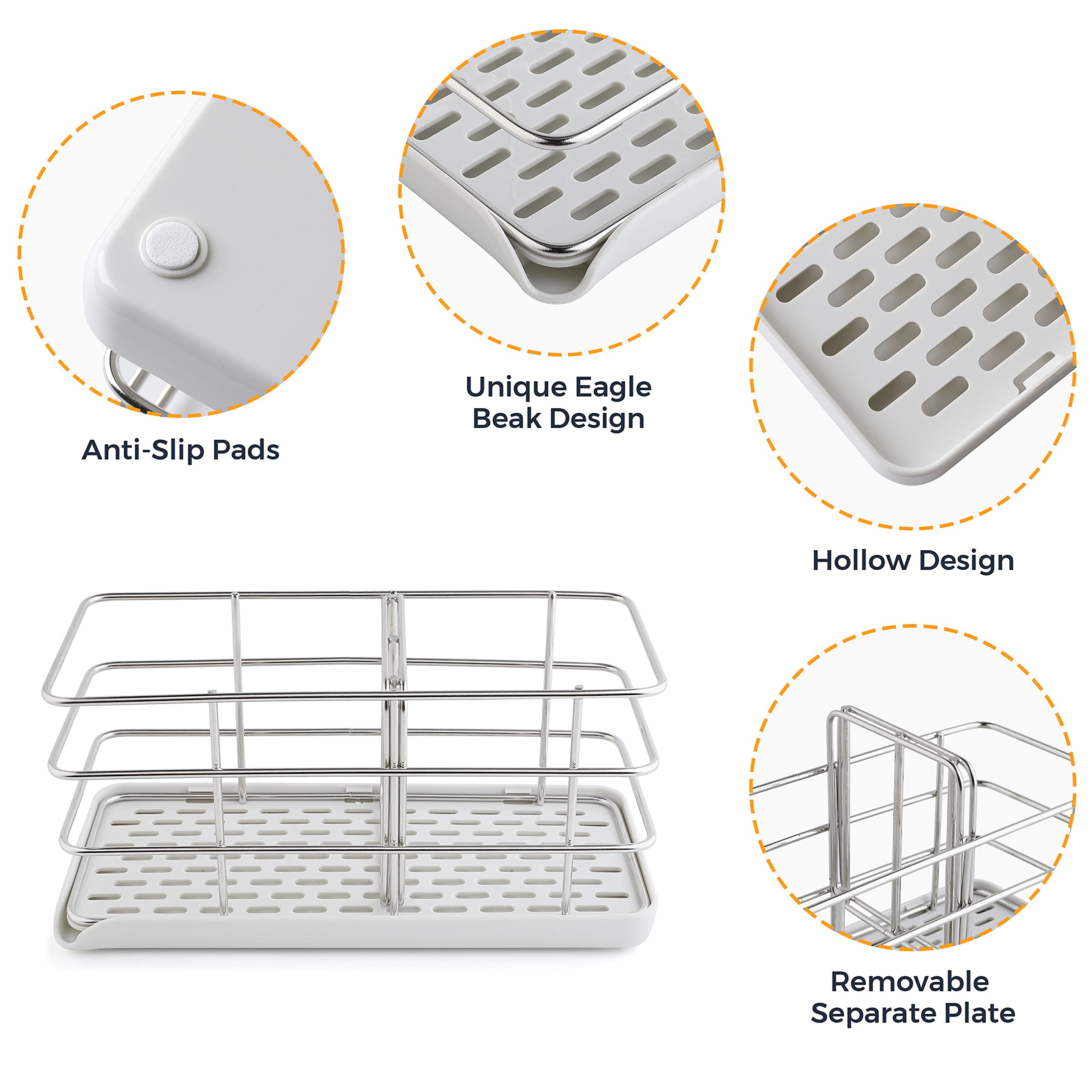 Damita Sponge Holder for Kitchen Sink, Stainless Steel Sink Caddy Organizer Rack, Brush Dish Soap Dispenser Bar Accessories Tray Drainer, with Drain Pan for Bathroom Countertop Storage