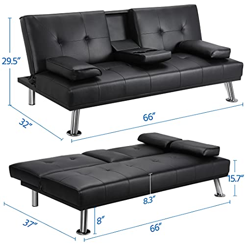 Yaheetech Convertible Sofa Bed Adjustable Couch Sleeper Modern Faux Leather Home Recliner Reversible Loveseat Folding Daybed Guest Bed, Removable Armrests,Cup Holders, 3 Angles, 772lb Capacity, Black
