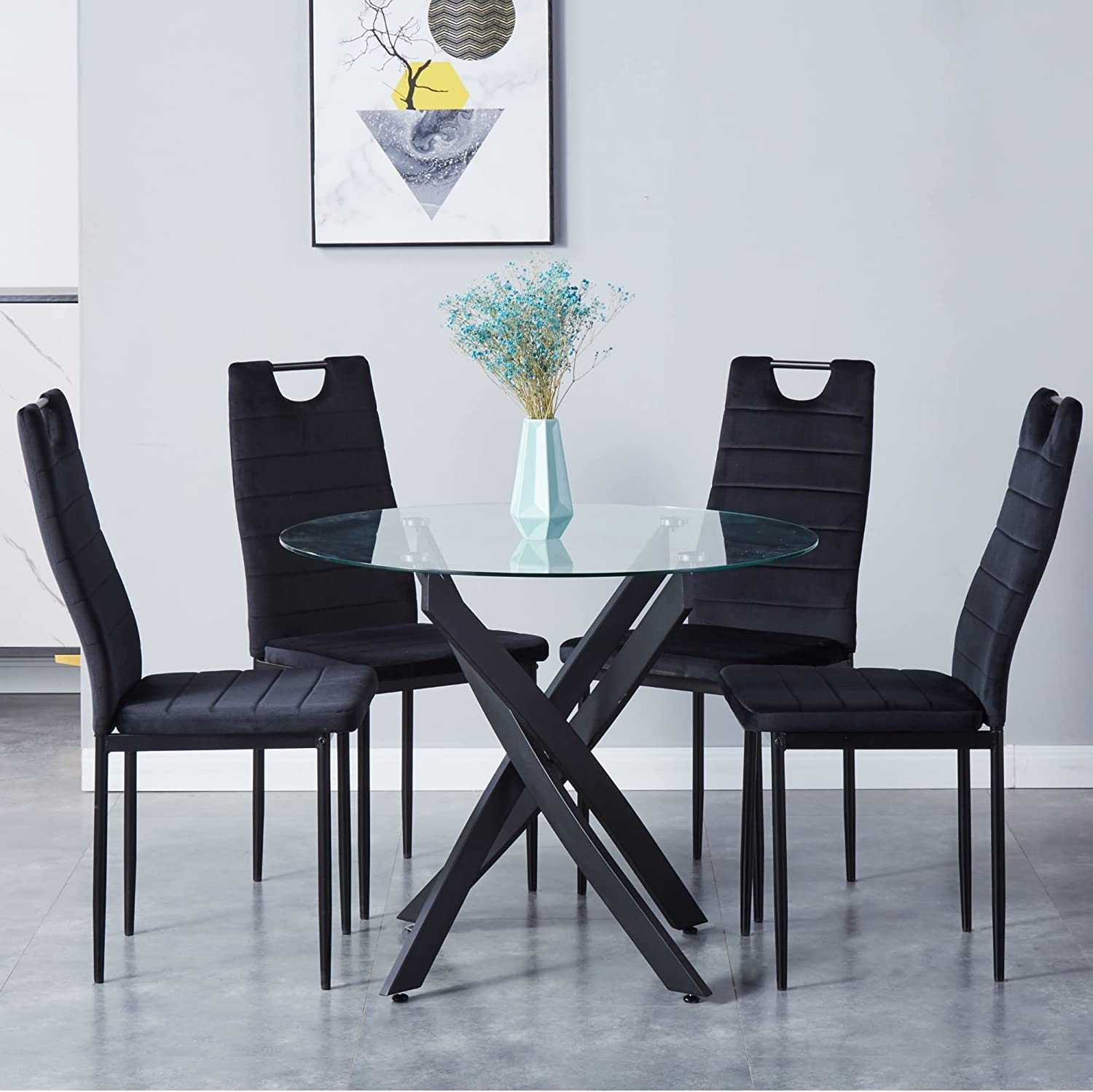 NIERN Round Tempered Glass Dining Table for 2-4 with Metal Legs, 35.5 in Modern Small Kitchen Table for Kitchen Dining Room (Black)
