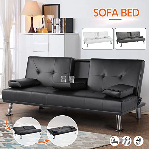 Yaheetech Convertible Sofa Bed Adjustable Couch Sleeper Modern Faux Leather Home Recliner Reversible Loveseat Folding Daybed Guest Bed, Removable Armrests,Cup Holders, 3 Angles, 772lb Capacity, Black