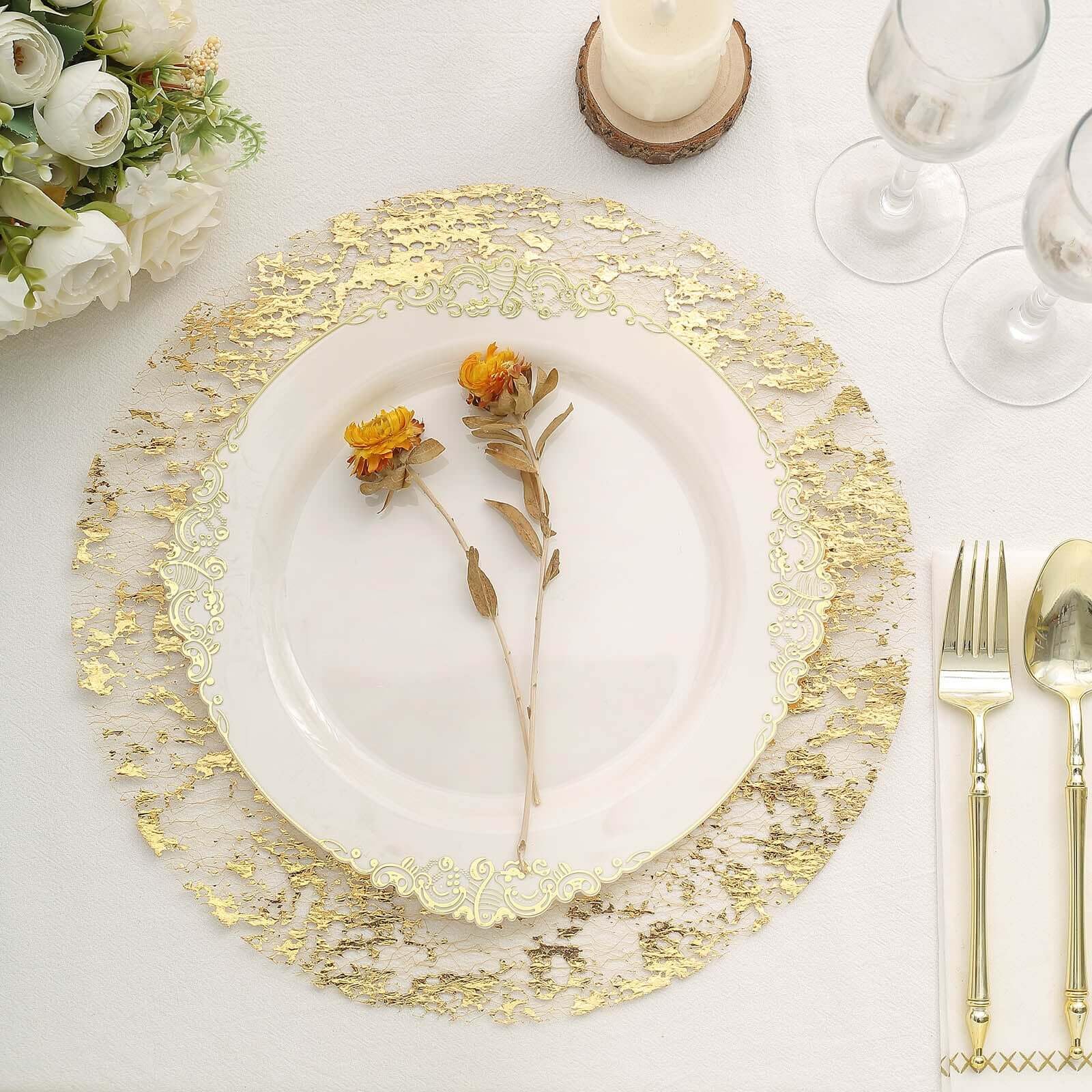 Efavormart 10 Pack | 13" Metallic Gold Luminous Mesh Foil Table Placemats, Round Shiny Polyester Dining Mats