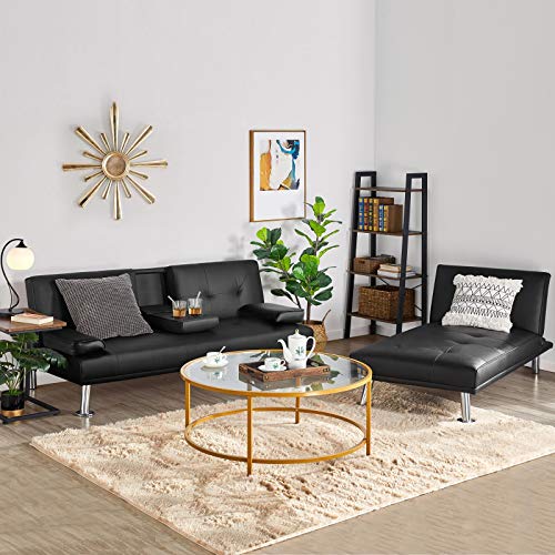 Yaheetech Convertible Sofa Bed Adjustable Couch Sleeper Modern Faux Leather Home Recliner Reversible Loveseat Folding Daybed Guest Bed, Removable Armrests,Cup Holders, 3 Angles, 772lb Capacity, Black