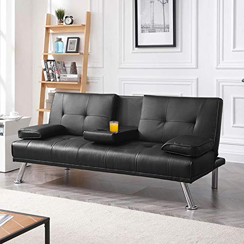 Yaheetech Convertible Sofa Bed Adjustable Couch Sleeper Modern Faux Leather Home Recliner Reversible Loveseat Folding Daybed Guest Bed, Removable Armrests,Cup Holders, 3 Angles, 772lb Capacity, Black