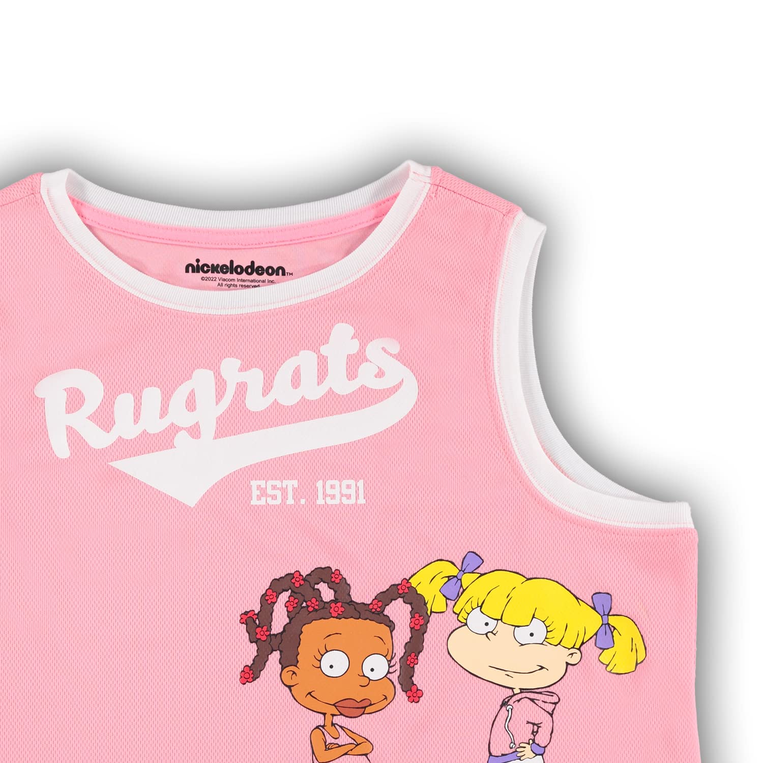 Ladies Rugrats 90's Fashion Shirt - Rugrats Angelica and Reptar Mesh Tank Top (Pink White, Large)