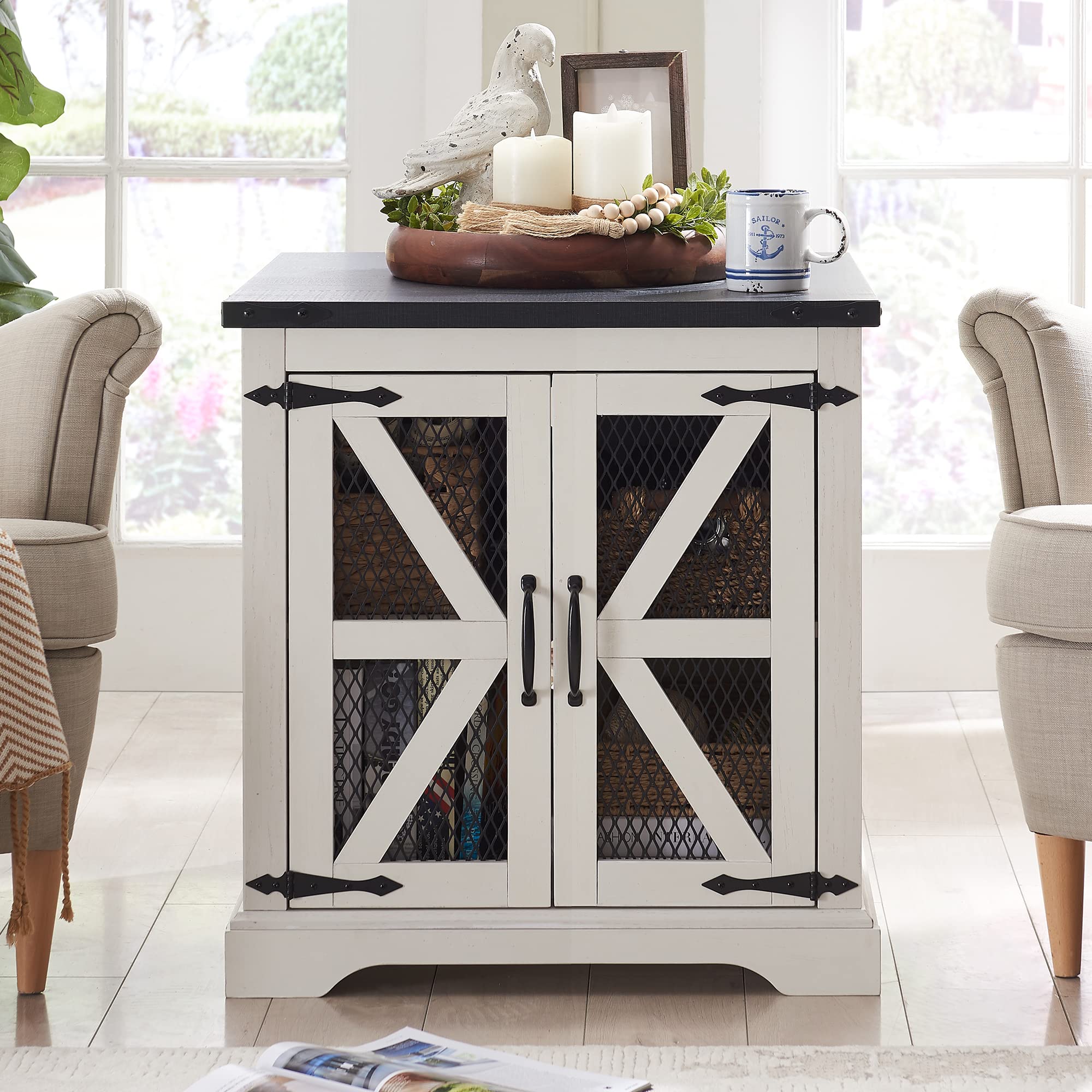 JXQTLINGMU Farmhouse End Table, 24" Large Sofa Side Table with Charging Station, Mesh Barn Door, and Adjustable Storage Shelf, Rustic Wood Square Nightstand for Living Room, Bedroom, Office, White