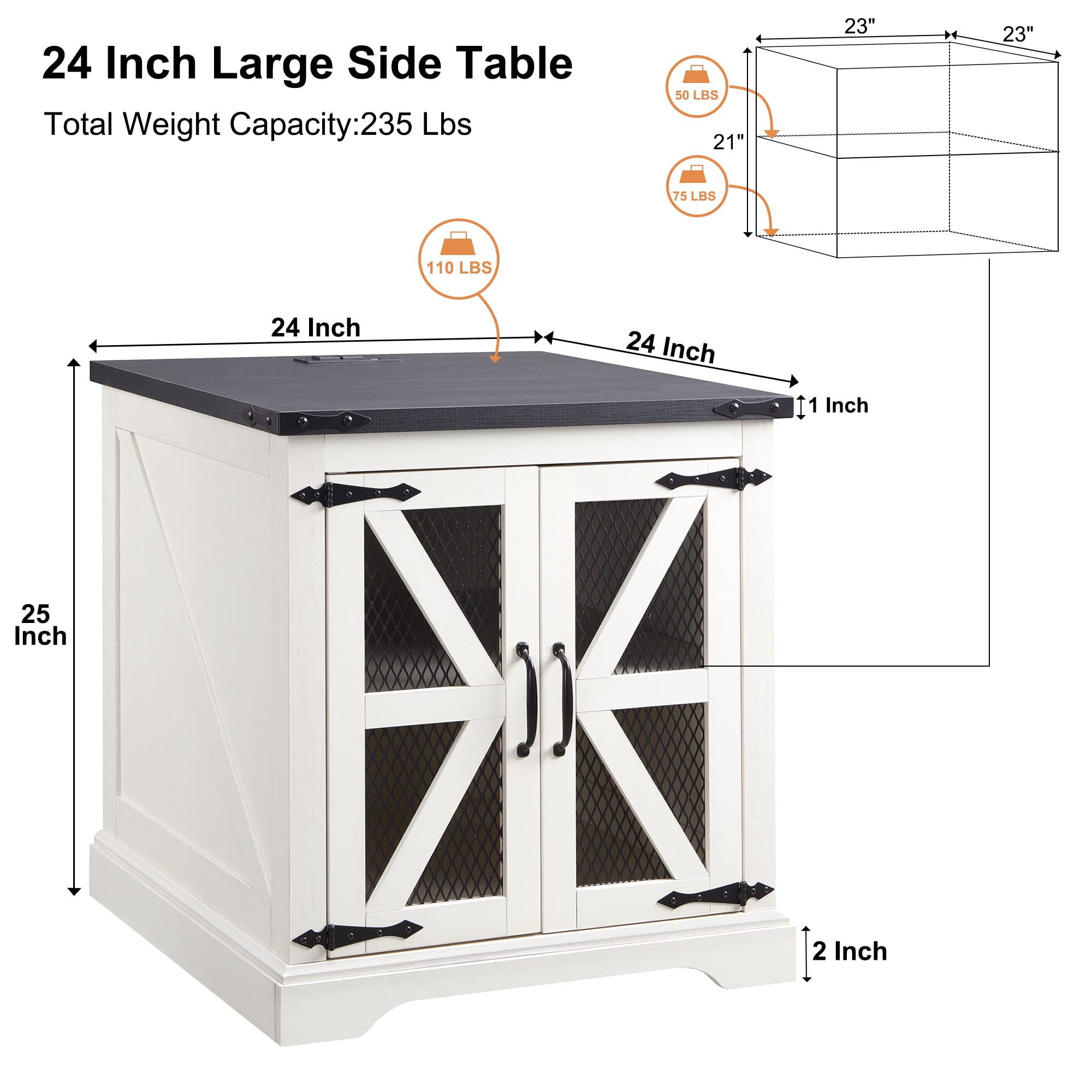 JXQTLINGMU Farmhouse End Table, 24" Large Sofa Side Table with Charging Station, Mesh Barn Door, and Adjustable Storage Shelf, Rustic Wood Square Nightstand for Living Room, Bedroom, Office, White