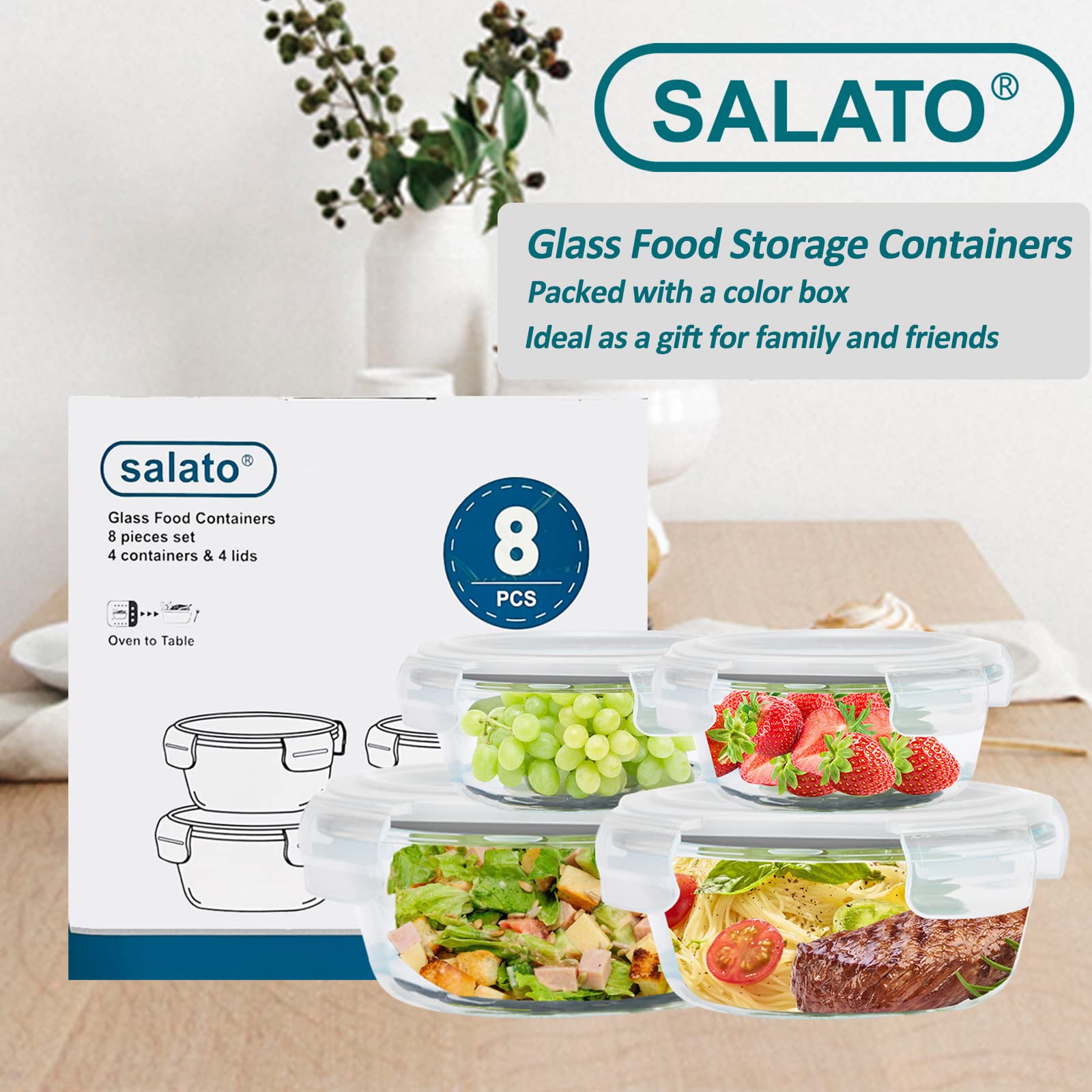 salato Glass Storage Containers with Lids 8 Piece, 100% Leak Proof & BPA Free Glass Containers with Lids, 4 Set Nesting Round Glass Food Storage Containers Safe for Freezer/Oven/Microwave, Grey