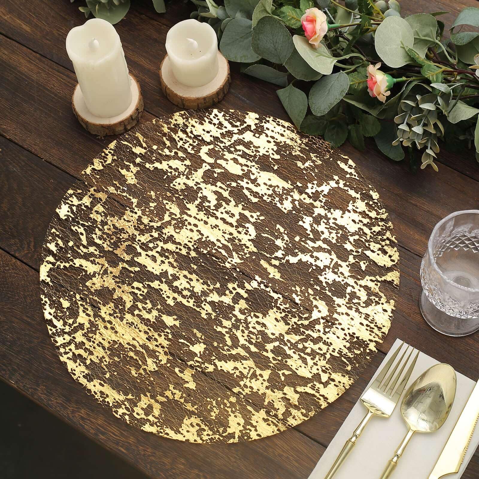 Efavormart 10 Pack | 13" Metallic Gold Luminous Mesh Foil Table Placemats, Round Shiny Polyester Dining Mats