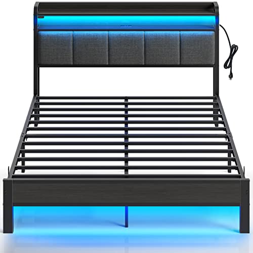 Rolanstar Bed Frame Queen Size with Charging Station and LED Lights, Upholstered Headboard with Storage Shelves, Heavy Duty Metal Slats, No Box Spring Needed, Noise Free, Easy Assembly, Dark Grey