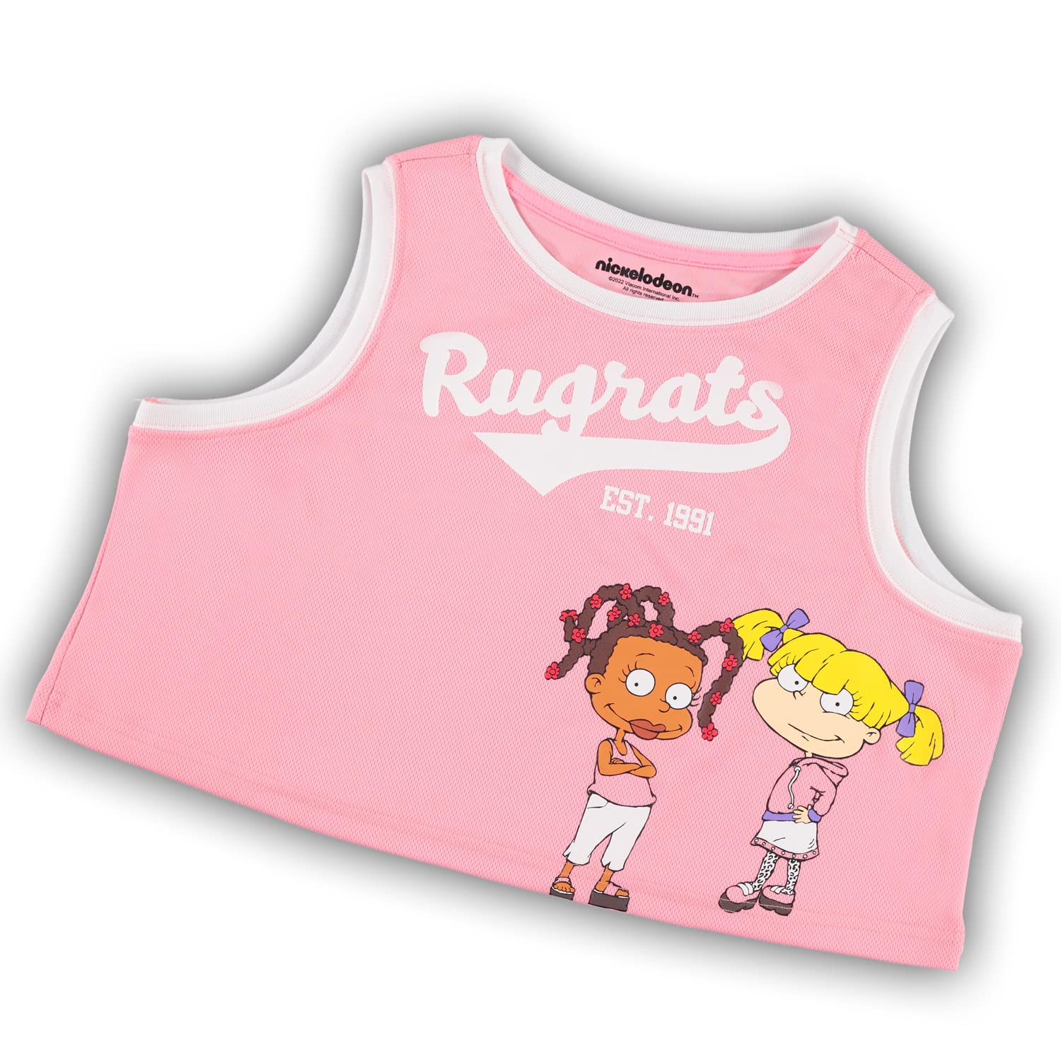 Ladies Rugrats 90's Fashion Shirt - Rugrats Angelica and Reptar Mesh Tank Top (Pink White, Large)