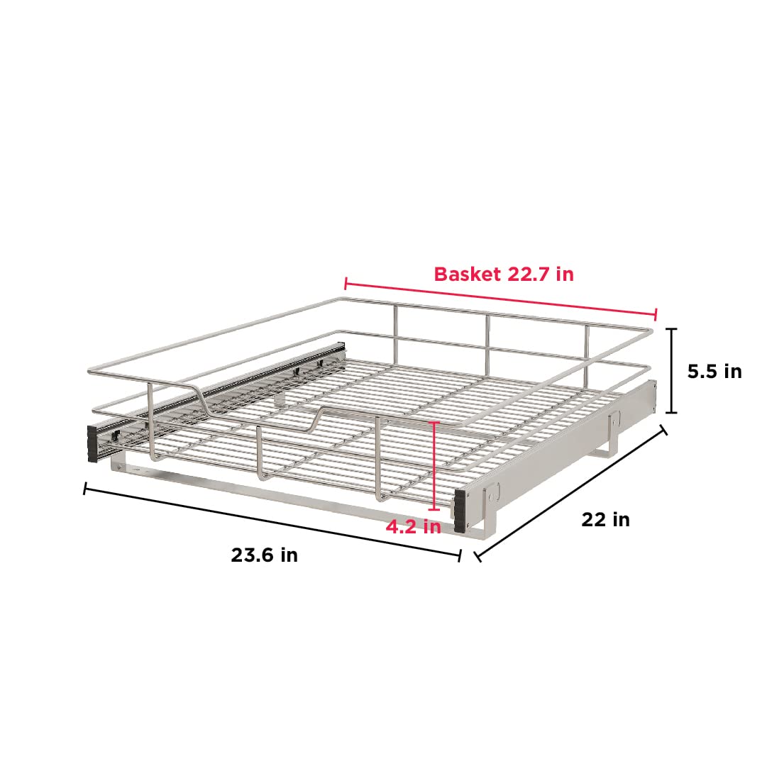 Pull Out Cabinet Organizer - Slide Out Under Cabinet Basket for Kitchen, Bathroom, Pantry Heavy Duty Slide Out Shelves, Requires At Least 24” Cabinet Opening (23.6W x 22D x 5.5H inch, Chrome)