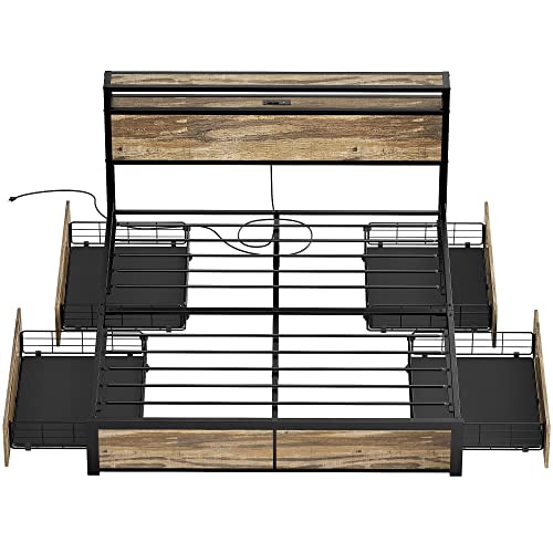 LIKIMIO Queen Bed Frame with Storage Drawer, 2-Tier Storage Headboard with Charging Station, No Box Spring Needed, Easy Assembly, Rustic Brown