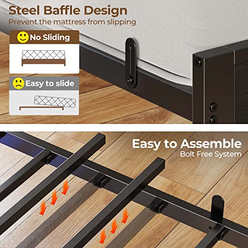 Rolanstar Bed Frame Queen Size with Charging Station and LED Lights, Upholstered Headboard with Storage Shelves, Heavy Duty Metal Slats, No Box Spring Needed, Noise Free, Easy Assembly, Dark Grey