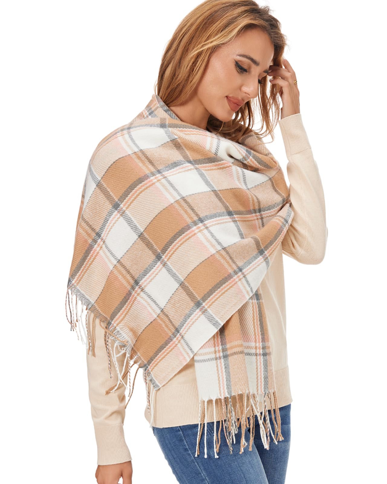 Fuinloth Women's Large Plaid Scarf Fashion Long Shawl Wrap for Winter Warm Lightweight Brown Pink