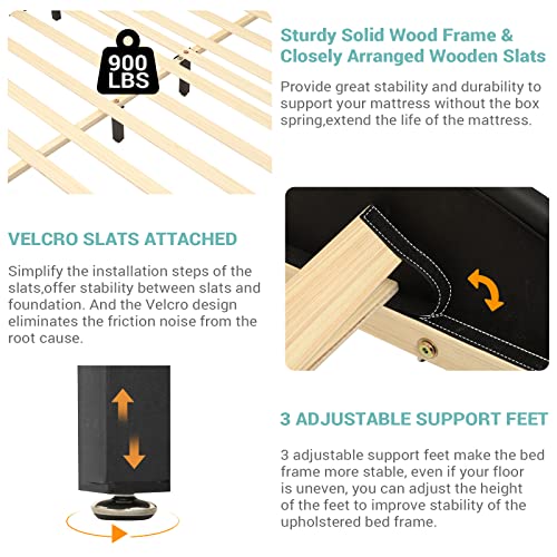 Queen Modern Upholstered Platform Bed Frame Wave-Like Curve Led Bed Frame with Headboard Low Profile Bed Frame with Smart RGB LED Lights,Faux Leather,Easy Assemble,Strong Wood Slats Support,Black