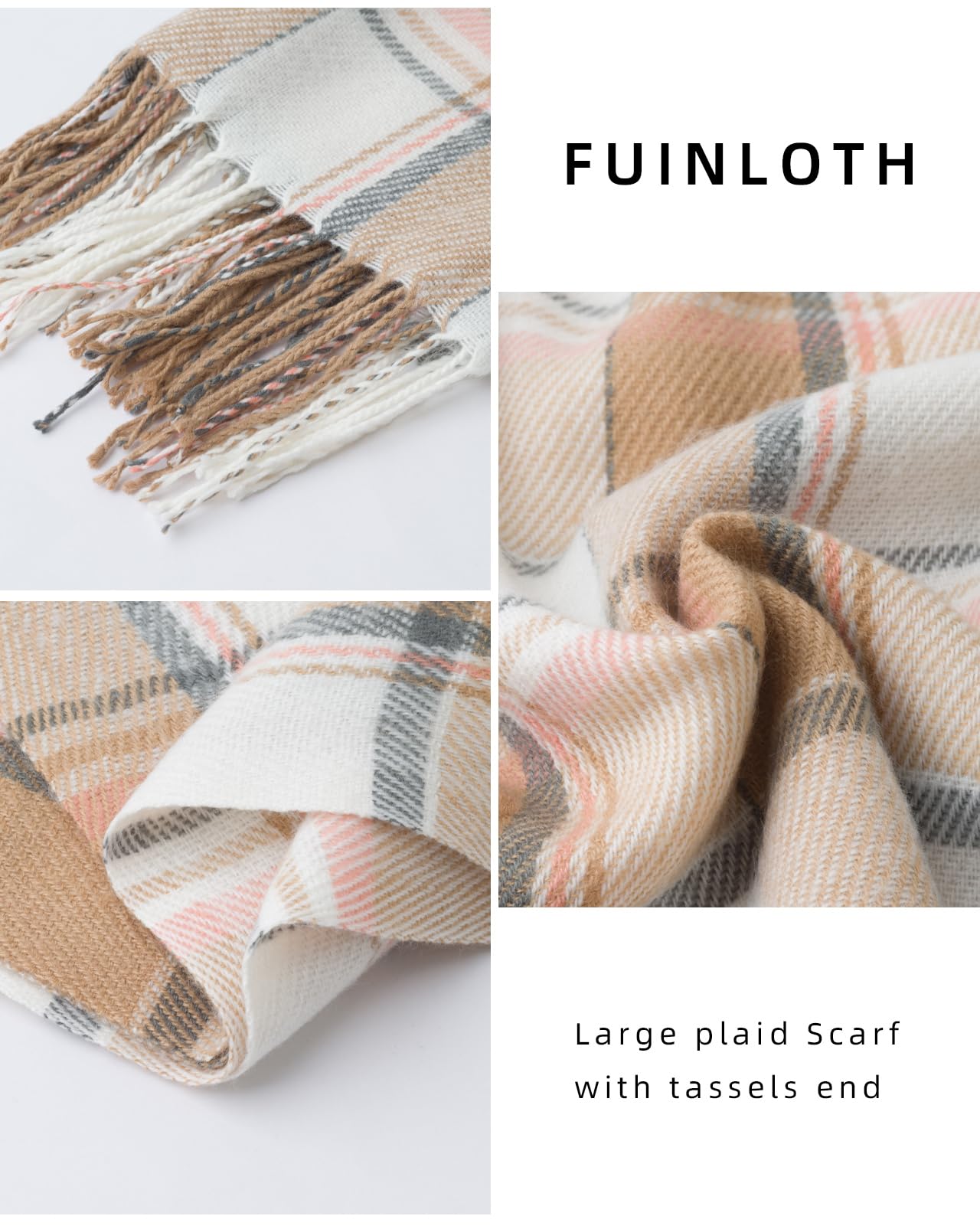 Fuinloth Women's Large Plaid Scarf Fashion Long Shawl Wrap for Winter Warm Lightweight Brown Pink
