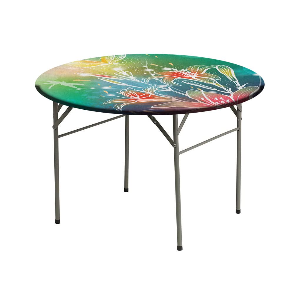 JUNTAIY Round Tablecloth, Dragonfly Tablecloth for Side Table, Spring Theme Sketchy Digital Leaves Lilacs with, Fit Round Tables 61inch Diameter, for Dining Room/Party/Banquet Decoration