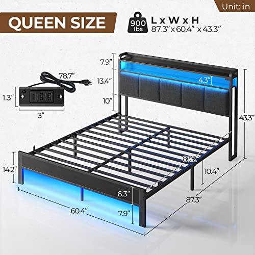 Rolanstar Bed Frame Queen Size with Charging Station and LED Lights, Upholstered Headboard with Storage Shelves, Heavy Duty Metal Slats, No Box Spring Needed, Noise Free, Easy Assembly, Dark Grey
