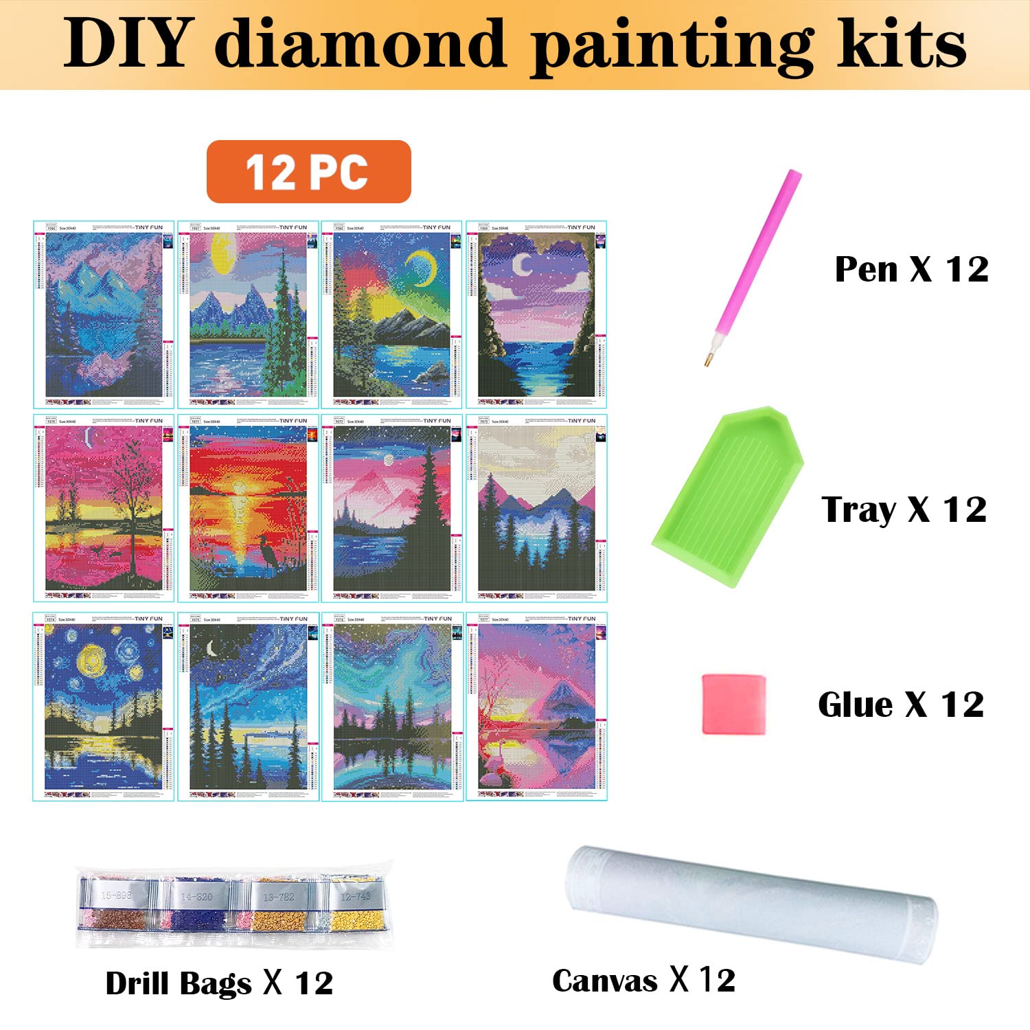 TINY FUN 12 Pack Diamond Painting Kits for Adults 5D Diamond Art Kit for Beginners, DIY Paint with Round Full Drill Diamonds Paintings Gem Art for Home Wall Decoration Gift (12X16 Inch