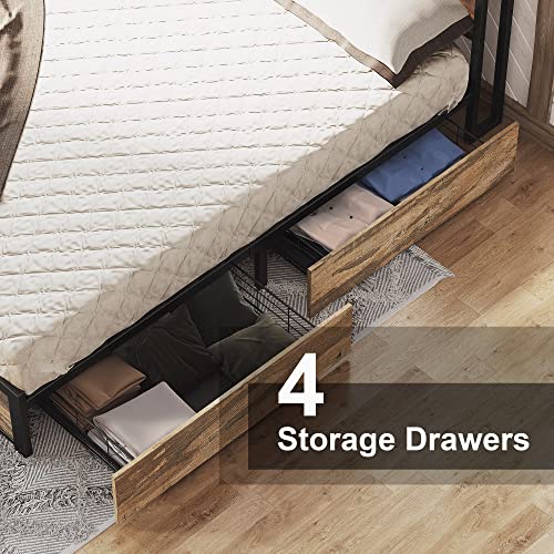 LIKIMIO Queen Bed Frame with Storage Drawer, 2-Tier Storage Headboard with Charging Station, No Box Spring Needed, Easy Assembly, Rustic Brown