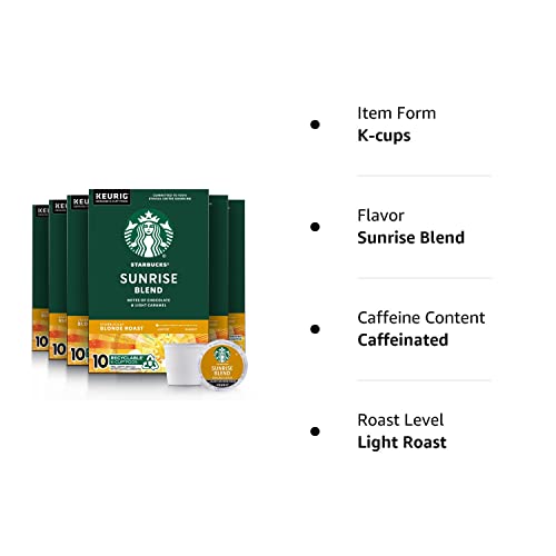 Starbucks Blonde Roast K-Cup Coffee Pods — Sunrise Blend for Keurig Brewers — 6 boxes (60 pods total)