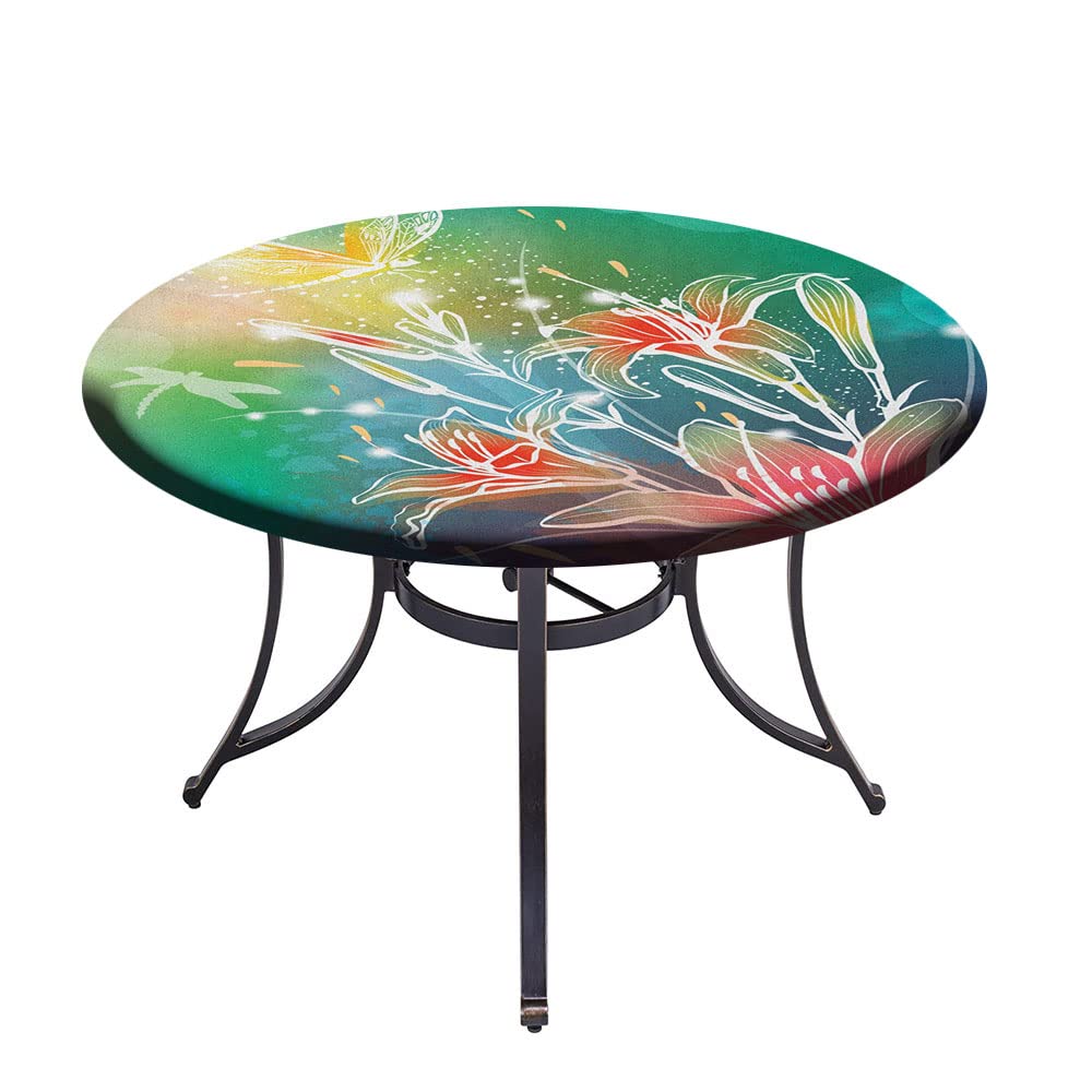 JUNTAIY Round Tablecloth, Dragonfly Tablecloth for Side Table, Spring Theme Sketchy Digital Leaves Lilacs with, Fit Round Tables 61inch Diameter, for Dining Room/Party/Banquet Decoration
