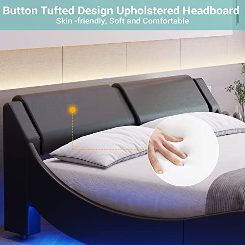 Queen Modern Upholstered Platform Bed Frame Wave-Like Curve Led Bed Frame with Headboard Low Profile Bed Frame with Smart RGB LED Lights,Faux Leather,Easy Assemble,Strong Wood Slats Support,Black