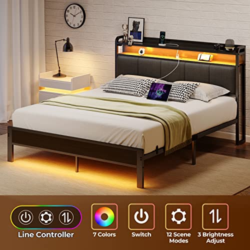 Rolanstar Bed Frame Queen Size with Charging Station and LED Lights, Upholstered Headboard with Storage Shelves, Heavy Duty Metal Slats, No Box Spring Needed, Noise Free, Easy Assembly, Dark Grey