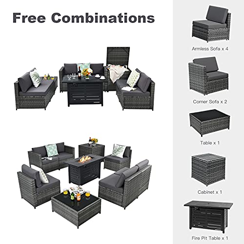 Tangkula 9 Pieces Patio Rattan Furniture Set, Patiojoy Sectional Sofa Set w/Fire Pit Table, Storage Box, Coffee Table, Outdoor Wicker Conversation Set w/ 42β Propane Fire Pit Table (Grey)